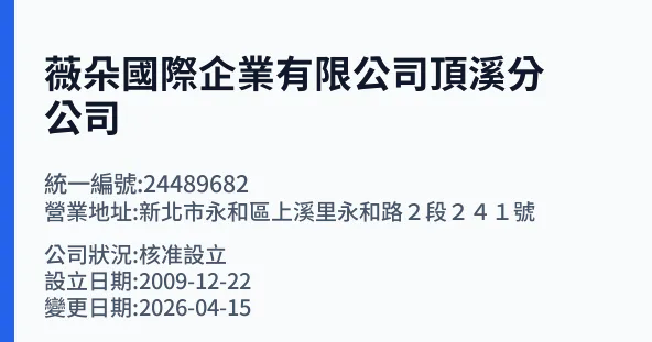 薇朵國際企業有限公司頂溪分公司的照片-統編 24489682(新北市) 公司登記資料與營業項目詳細圖表