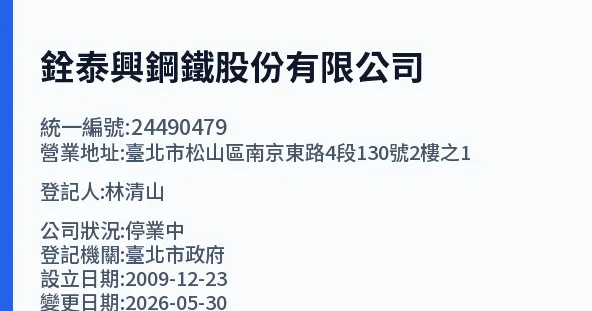 銓泰興鋼鐵股份有限公司的照片-統編 24490479(臺北市) 公司登記資料與營業項目詳細圖表