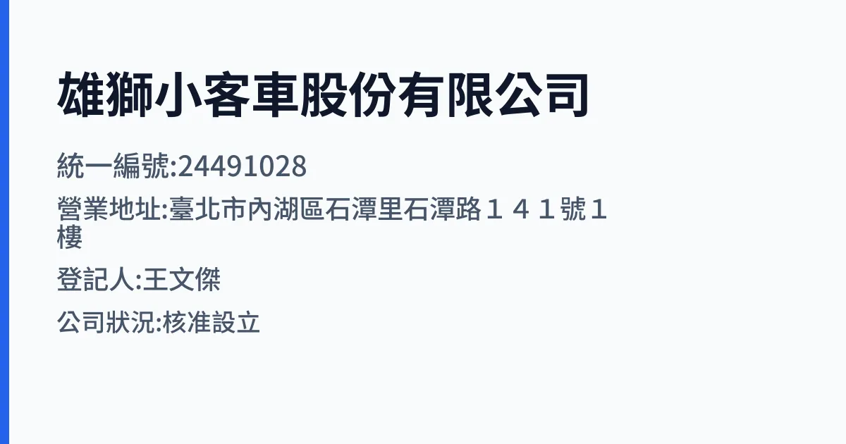 雄獅小客車股份有限公司 - 統編 24491028（臺北市） 公司登記資料與營業項目詳細圖表