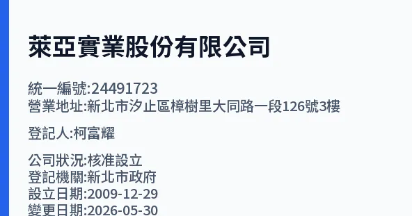 萊亞實業股份有限公司的照片-統編 24491723(新北市) 公司登記資料與營業項目詳細圖表