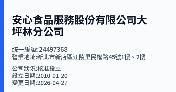 安心食品服務股份有限公司大坪林分公司的照片-統編 24497368(新北市) 公司登記資料與營業項目詳細圖表