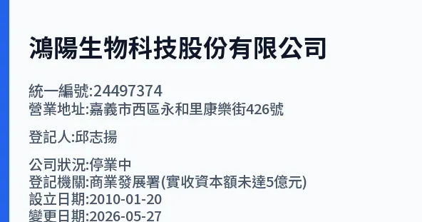 鴻陽生物科技股份有限公司的照片-統編 24497374(嘉義市) 公司登記資料與營業項目詳細圖表