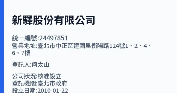 新驛股份有限公司的照片-統編 24497851(臺北市) 公司登記資料與營業項目詳細圖表