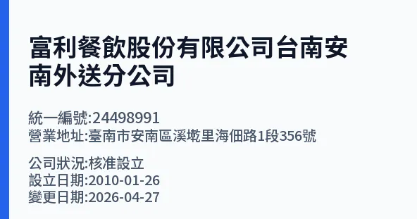 富利餐飲股份有限公司台南安南外送分公司的照片-統編 24498991(臺南市) 公司登記資料與營業項目詳細圖表