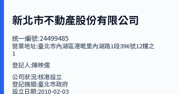 新北市不動產股份有限公司的照片-統編 24499485(臺北市) 公司登記資料與營業項目詳細圖表