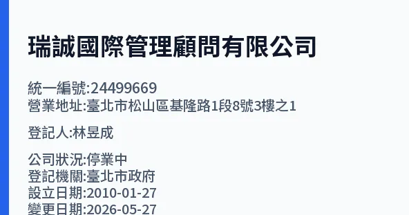 瑞誠國際管理顧問有限公司的照片-統編 24499669(臺北市) 公司登記資料與營業項目詳細圖表