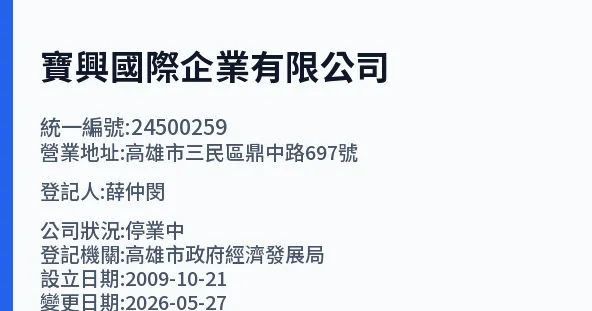 寶興國際企業有限公司的照片-統編 24500259(高雄市) 公司登記資料與營業項目詳細圖表