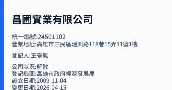 昌圃實業有限公司的照片-統編 24501102(高雄市) 公司登記資料與營業項目詳細圖表