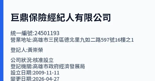 巨鼎保險經紀人有限公司的照片-統編 24501193(高雄市) 公司登記資料與營業項目詳細圖表