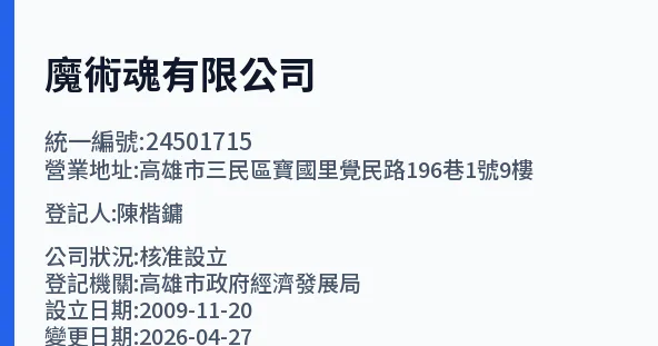 魔術魂有限公司的照片-統編 24501715(高雄市) 公司登記資料與營業項目詳細圖表