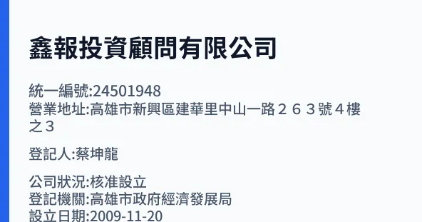 鑫報投資顧問有限公司的照片-統編 24501948(高雄市) 公司登記資料與營業項目詳細圖表