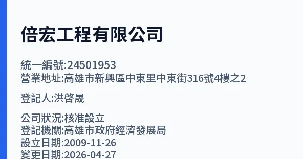 倍宏工程有限公司的照片-統編 24501953(高雄市) 公司登記資料與營業項目詳細圖表