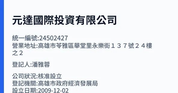 元達國際投資有限公司的照片-統編 24502427(高雄市) 公司登記資料與營業項目詳細圖表