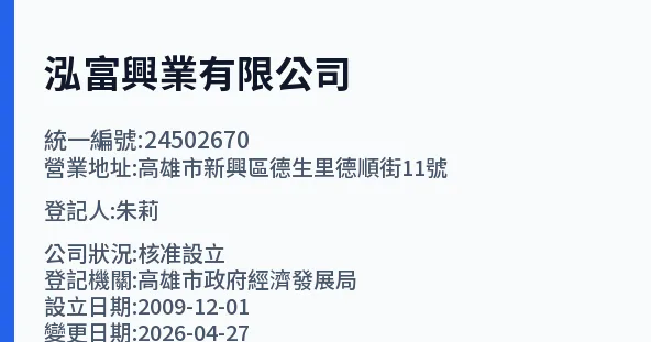 泓富興業有限公司的照片-統編 24502670(高雄市) 公司登記資料與營業項目詳細圖表