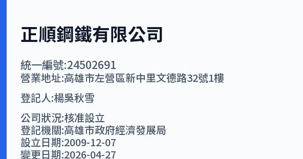 正順鋼鐵有限公司的照片-統編 24502691(高雄市) 公司登記資料與營業項目詳細圖表