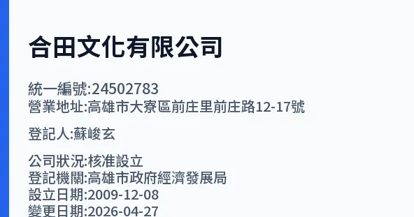 合田文化有限公司的照片-統編 24502783(高雄市) 公司登記資料與營業項目詳細圖表
