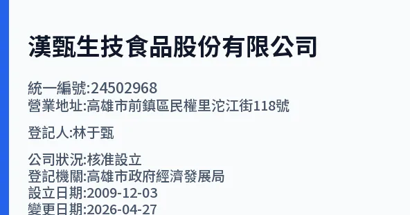 漢甄生技食品股份有限公司的照片-統編 24502968(高雄市) 公司登記資料與營業項目詳細圖表