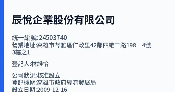 辰悅企業股份有限公司的照片-統編 24503740(高雄市) 公司登記資料與營業項目詳細圖表