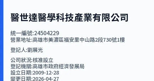 醫世達醫學科技產業有限公司的照片-統編 24504229(高雄市) 公司登記資料與營業項目詳細圖表