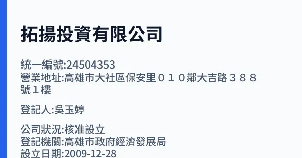 拓揚投資有限公司的照片-統編 24504353(高雄市) 公司登記資料與營業項目詳細圖表