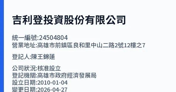 吉利登投資股份有限公司的照片-統編 24504804(高雄市) 公司登記資料與營業項目詳細圖表