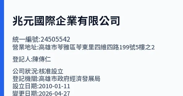 兆元國際企業有限公司的照片-統編 24505542(高雄市) 公司登記資料與營業項目詳細圖表