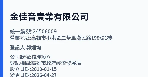 金佳音實業有限公司的照片-統編 24506009(高雄市) 公司登記資料與營業項目詳細圖表