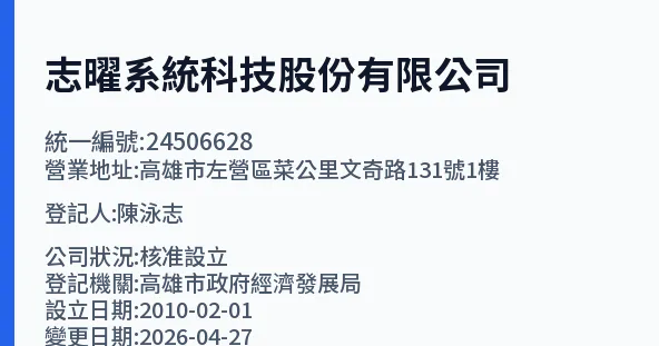 志曜系統科技股份有限公司的照片-統編 24506628(高雄市) 公司登記資料與營業項目詳細圖表