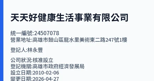 天天好健康生活事業有限公司的照片-統編 24507078(高雄市) 公司登記資料與營業項目詳細圖表