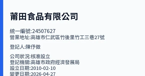 莆田食品有限公司的照片-統編 24507627(高雄市) 公司登記資料與營業項目詳細圖表