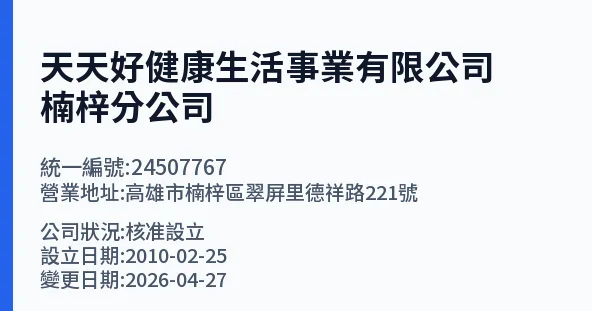 天天好健康生活事業有限公司楠梓分公司的照片-統編 24507767(高雄市) 公司登記資料與營業項目詳細圖表