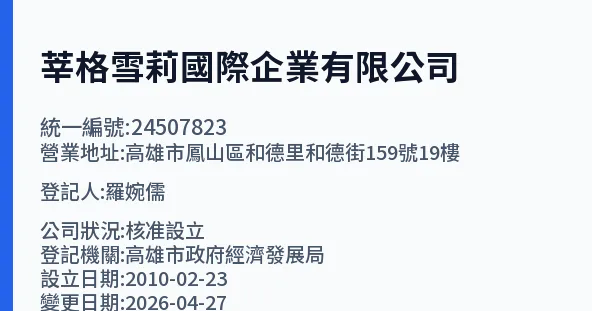 莘格雪莉國際企業有限公司的照片-統編 24507823(高雄市) 公司登記資料與營業項目詳細圖表