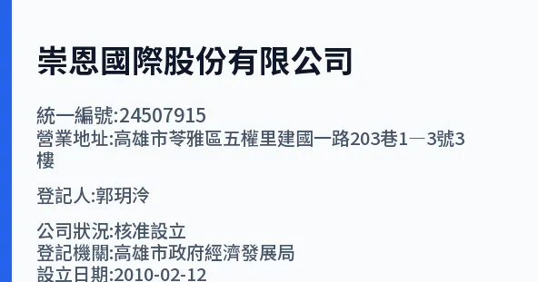 崇恩國際股份有限公司的照片-統編 24507915(高雄市) 公司登記資料與營業項目詳細圖表