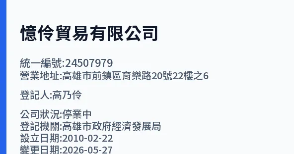 憶伶貿易有限公司的照片-統編 24507979(高雄市) 公司登記資料與營業項目詳細圖表