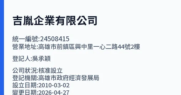 吉胤企業有限公司的照片-統編 24508415(高雄市) 公司登記資料與營業項目詳細圖表