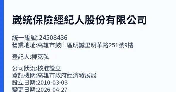 崴統保險經紀人股份有限公司的照片-統編 24508436(高雄市) 公司登記資料與營業項目詳細圖表
