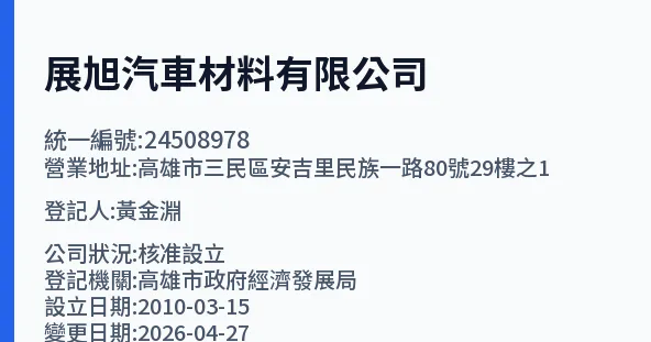 展旭汽車材料有限公司的照片-統編 24508978(高雄市) 公司登記資料與營業項目詳細圖表