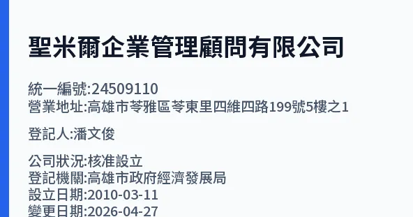 聖米爾企業管理顧問有限公司的照片-統編 24509110(高雄市) 公司登記資料與營業項目詳細圖表
