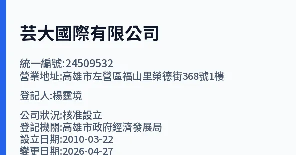 芸大國際有限公司的照片-統編 24509532(高雄市) 公司登記資料與營業項目詳細圖表