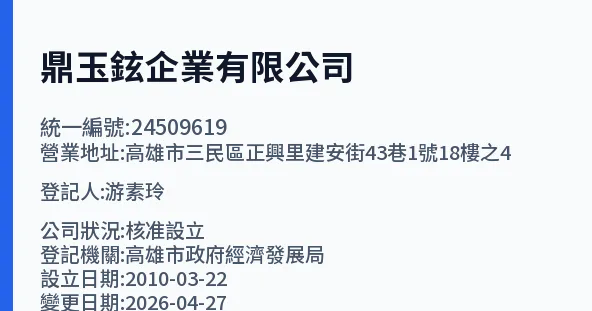鼎玉鉉企業有限公司的照片-統編 24509619(高雄市) 公司登記資料與營業項目詳細圖表