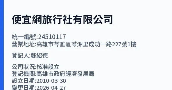 便宜網旅行社有限公司的照片-統編 24510117(高雄市) 公司登記資料與營業項目詳細圖表