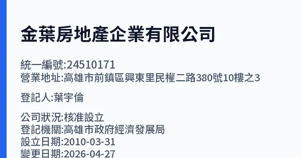 金葉房地產企業有限公司的照片-統編 24510171(高雄市) 公司登記資料與營業項目詳細圖表