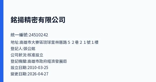 銘揚精密有限公司的照片-統編 24510242(高雄市) 公司登記資料與營業項目詳細圖表