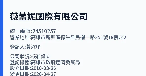 薇蕾妮國際有限公司的照片-統編 24510257(高雄市) 公司登記資料與營業項目詳細圖表