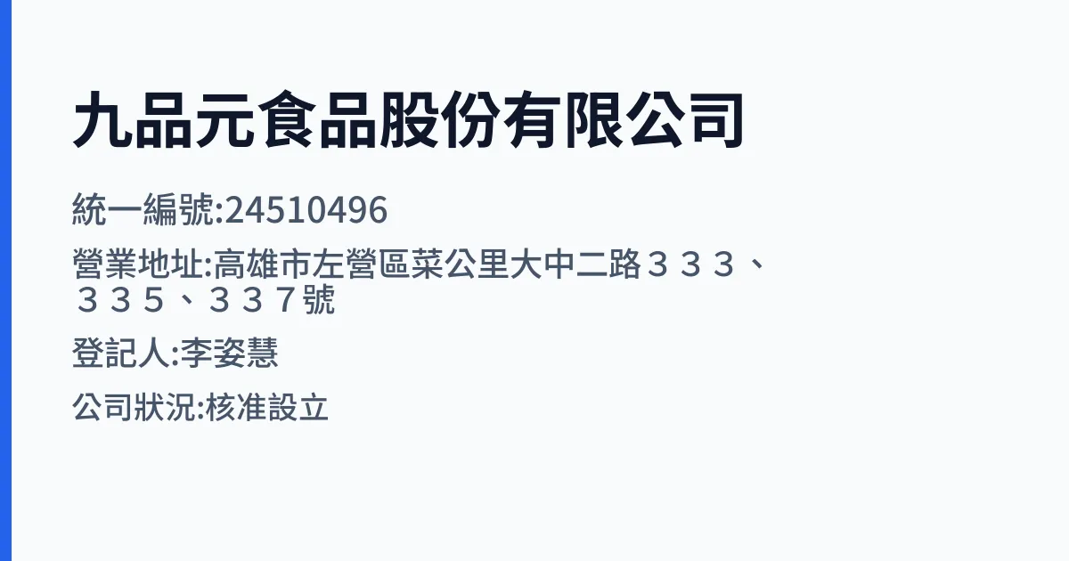 九品元食品股份有限公司 - 統編 24510496(高雄市) 公司登記資料與營業項目詳細圖表