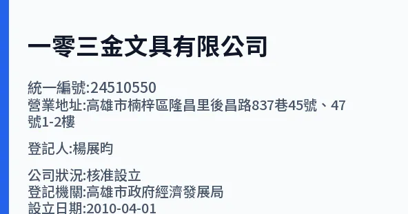 一零三金文具有限公司的照片-統編 24510550(高雄市) 公司登記資料與營業項目詳細圖表