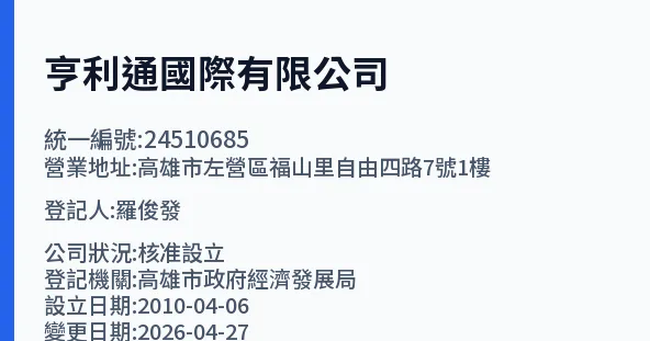 亨利通國際有限公司的照片-統編 24510685(高雄市) 公司登記資料與營業項目詳細圖表