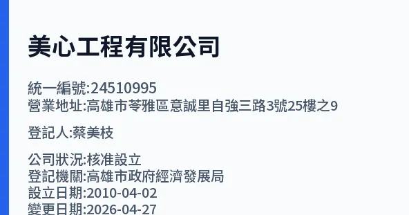 美心工程有限公司的照片-統編 24510995(高雄市) 公司登記資料與營業項目詳細圖表