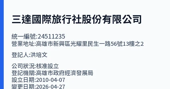 三達國際旅行社股份有限公司的照片-統編 24511235(高雄市) 公司登記資料與營業項目詳細圖表