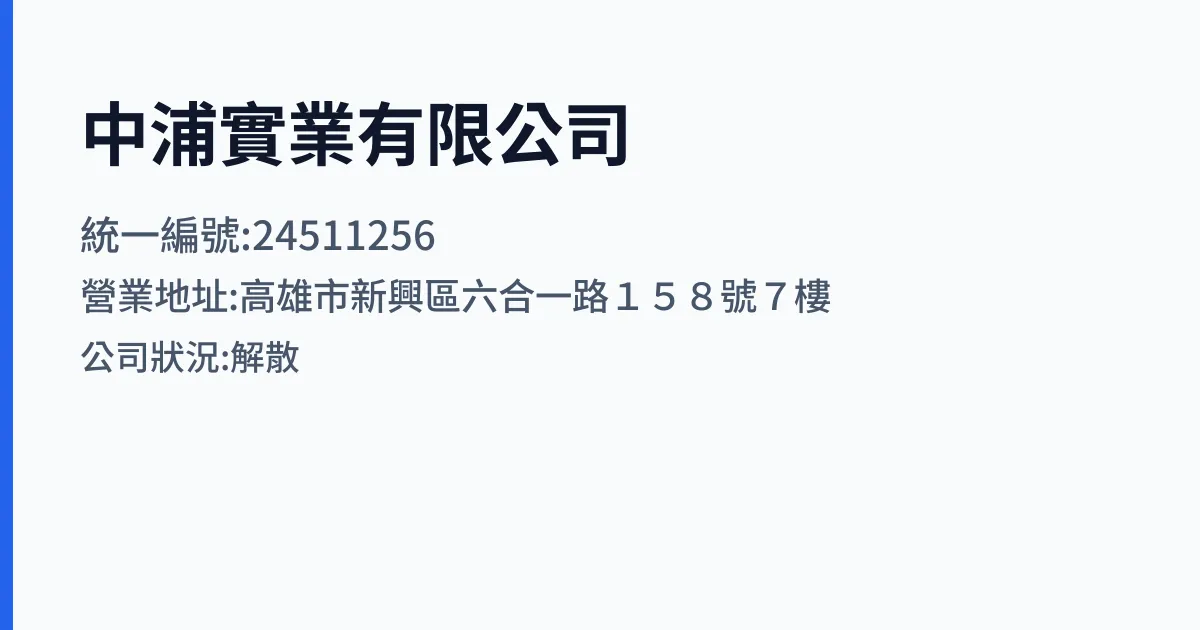 中浦實業有限公司 - 統編 24511256(高雄市) 公司登記資料與營業項目詳細圖表